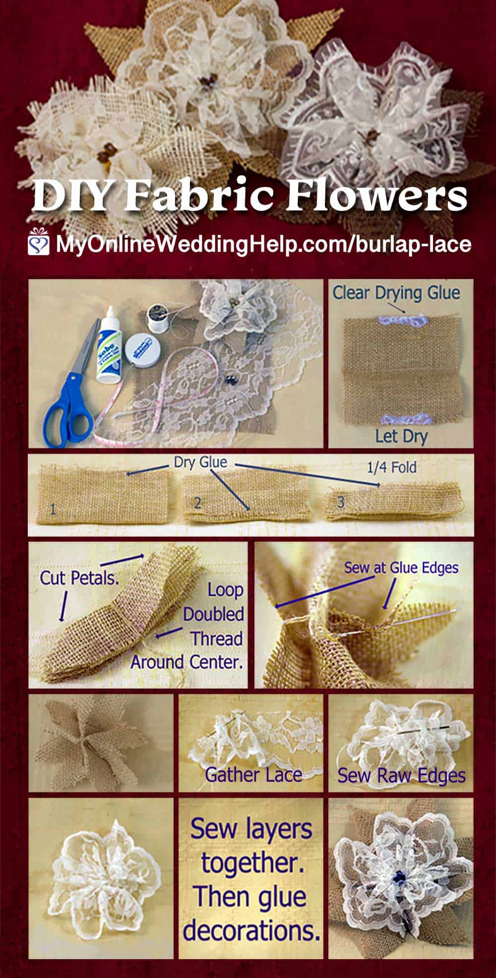 DIY Fabric Flowers with Lace and Burlap. Tutorial with Video.